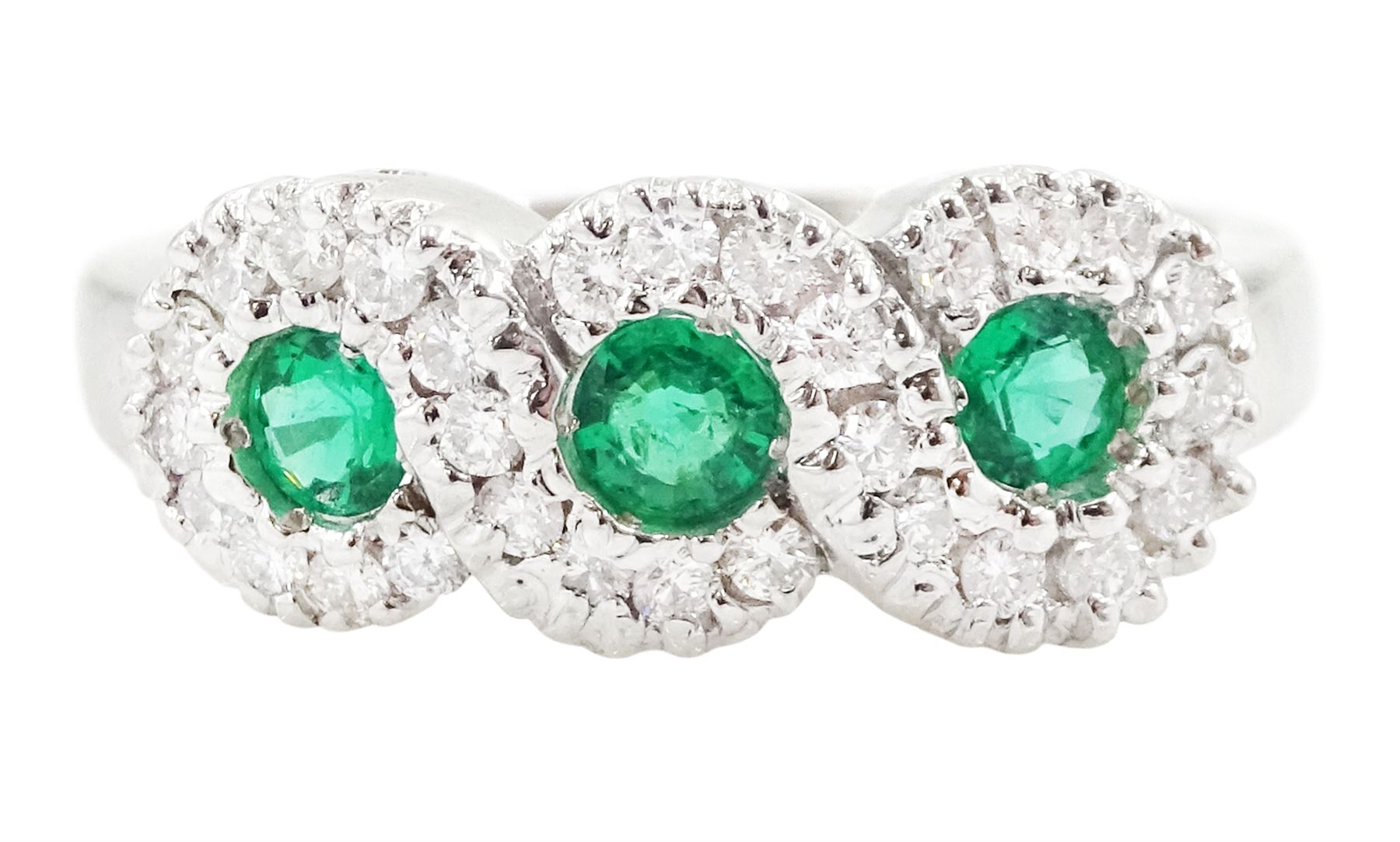 18ct white gold emerald and diamond triple cluster ring | Jewellery ...