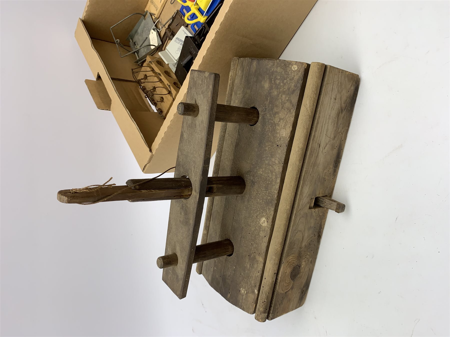 19th century pine mouse trap with deadfall action L32cm; green painted ...