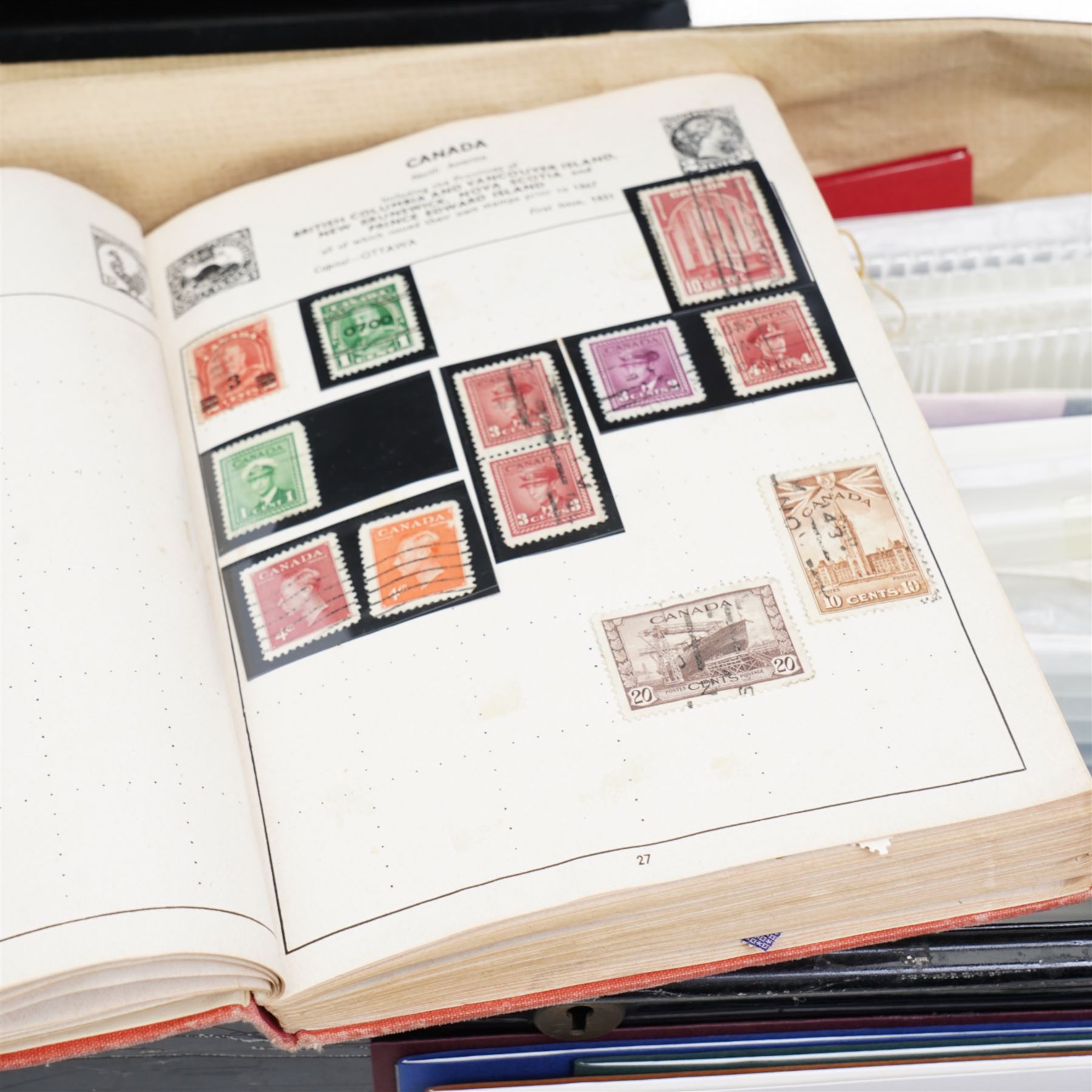Black deed box and contents of stamps including modern commemoratives ...