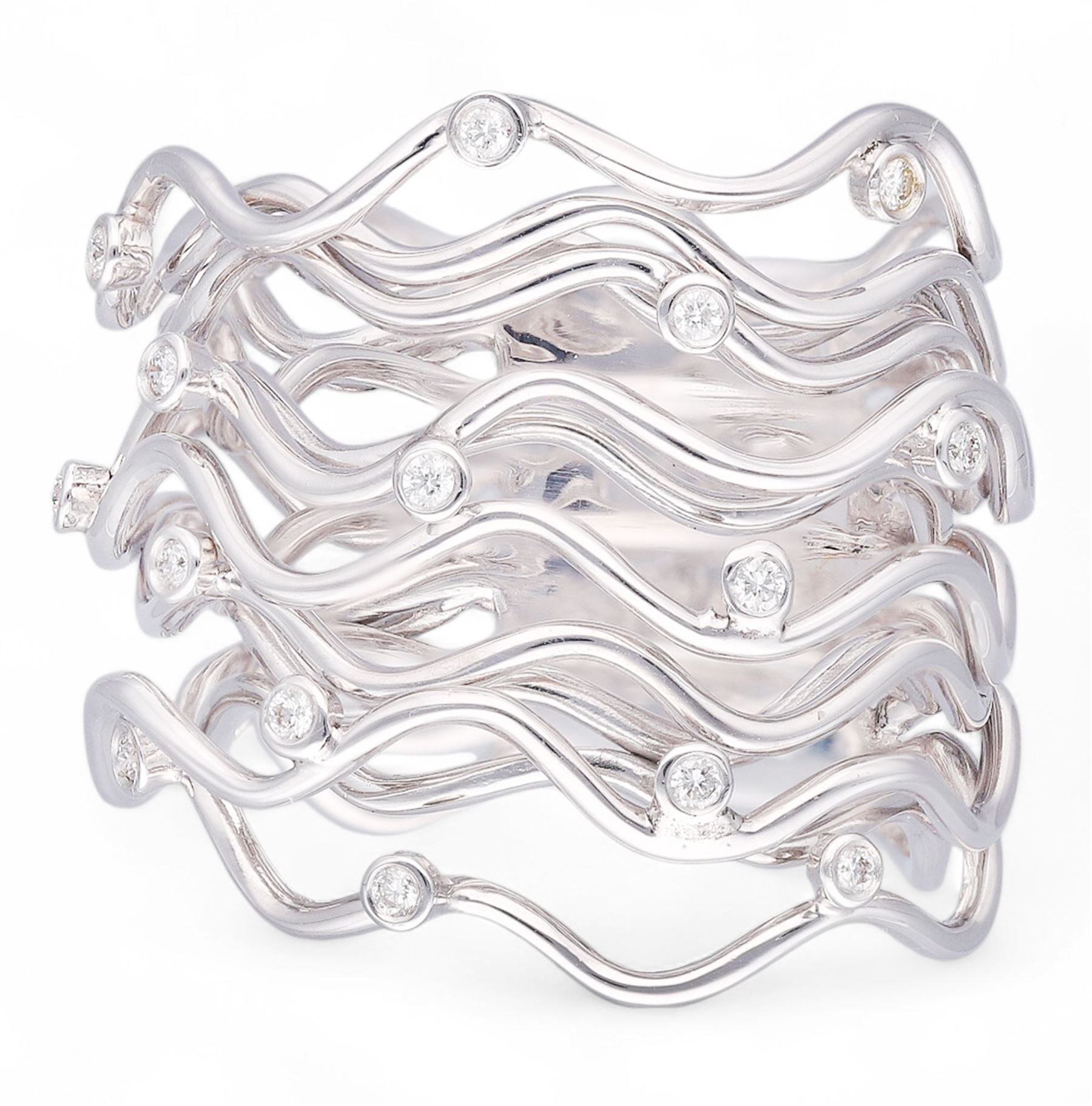 18ct white gold round brilliant cut diamond scatter, eleven row, wave ...