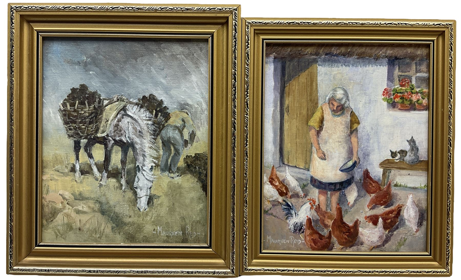 Maureen Reid (British 20th century): 'Feeding Hens' and 'Gathering Peat ...
