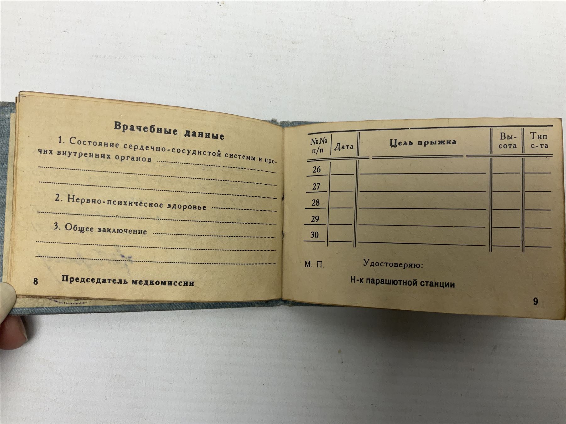 1930s Soviet Parachute Instructor's I.D. book containing photograph ...