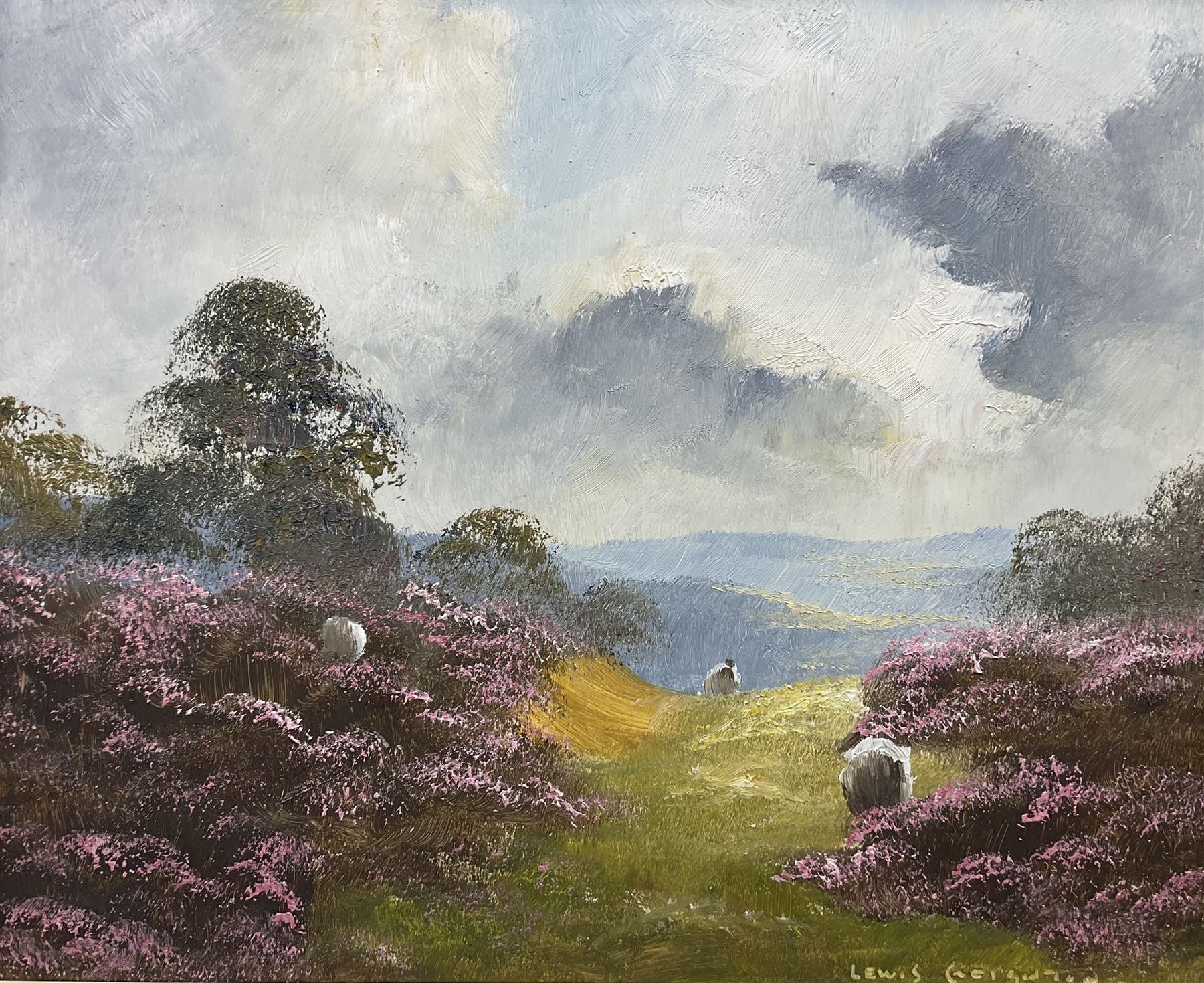 Lewis Creighton (British 1918-1996): Sheep and Heather on the Edge of ...