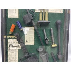 Wall hanging display case containing hunting ephemera to include ...