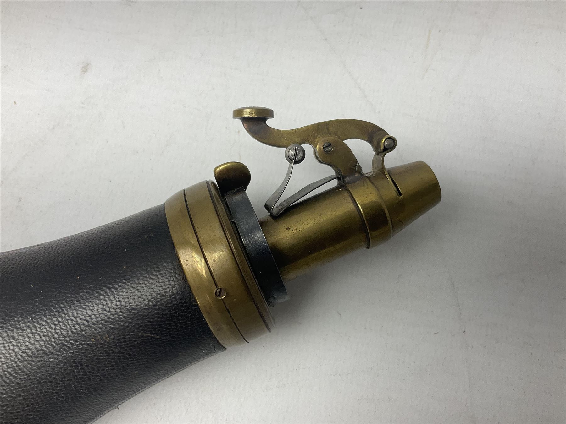 Rare leather covered brass rifle powder flask by Dixon & Sons graduated ...