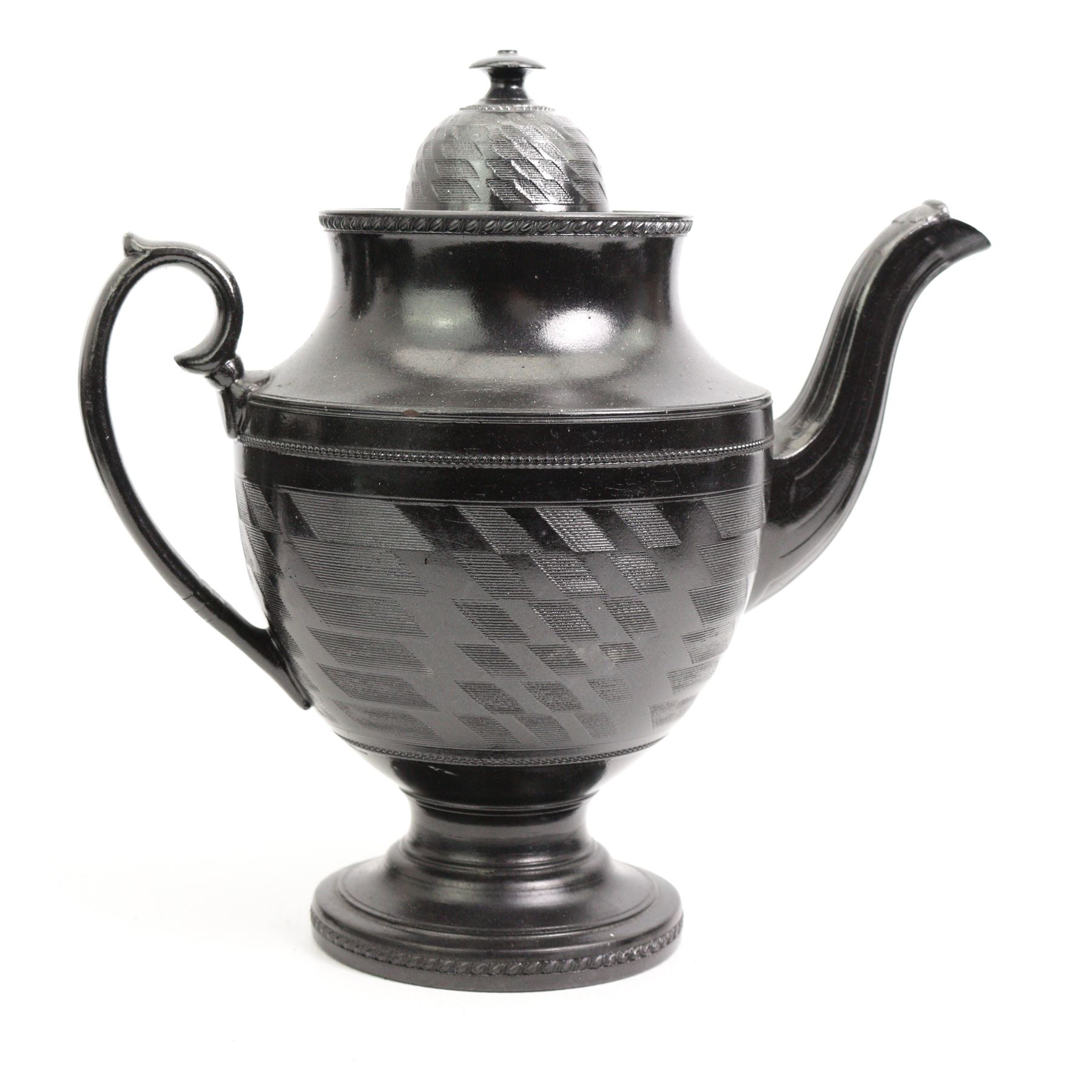 Six early 19th century and later black basalt tea and coffee pots ...