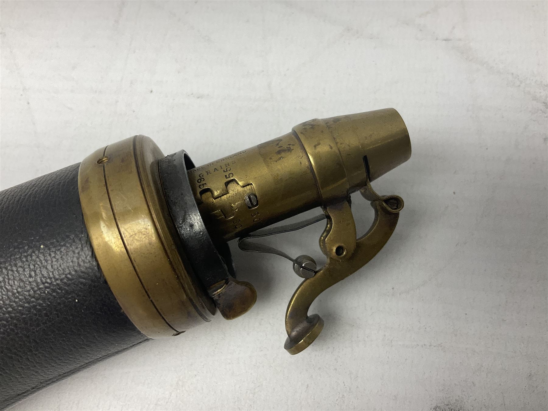 Rare leather covered brass rifle powder flask by Dixon | Militaria | 50230