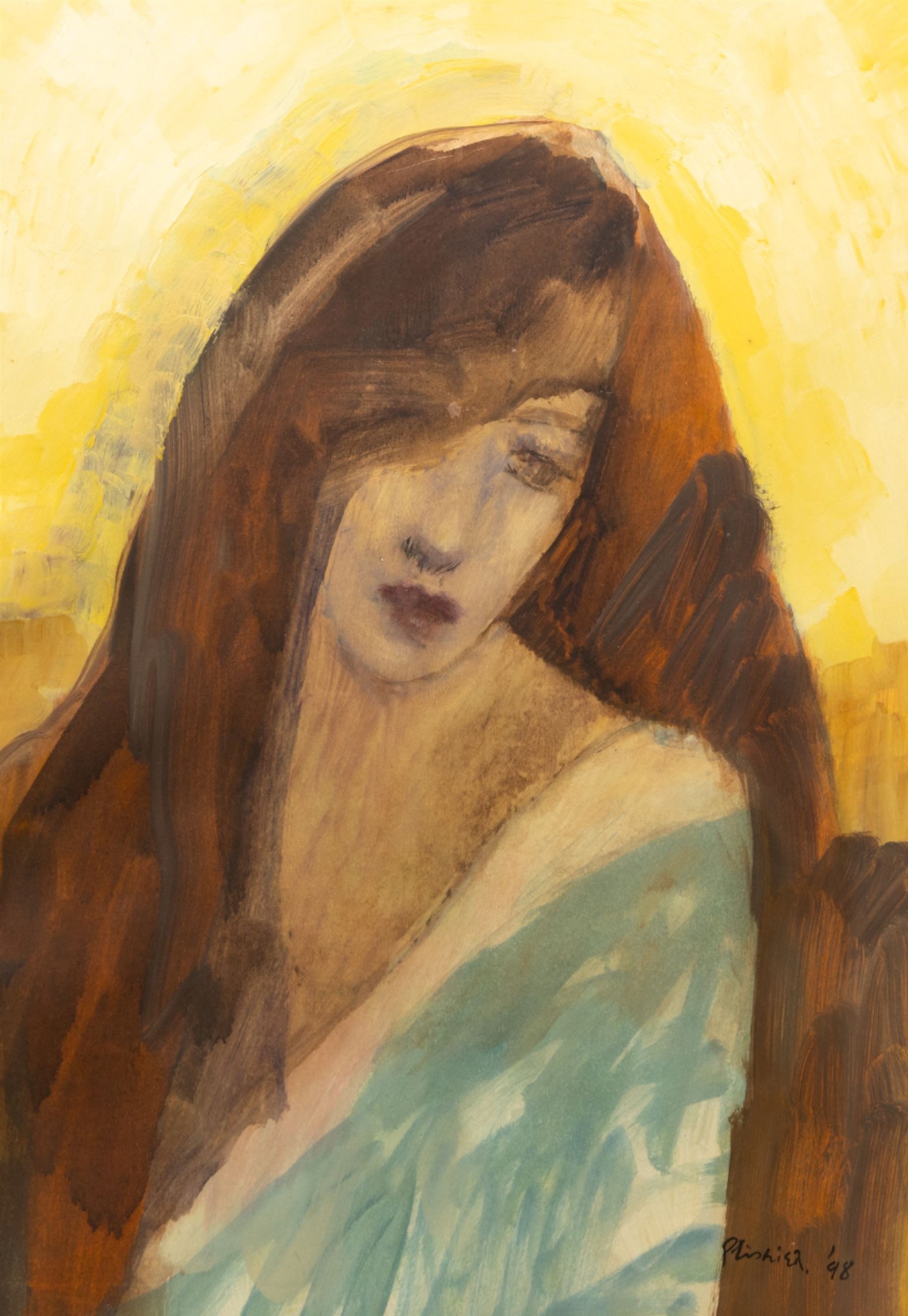 Robert Plisnier (Belgian 1951-): Portrait of a Girl in a Blue Gown ...