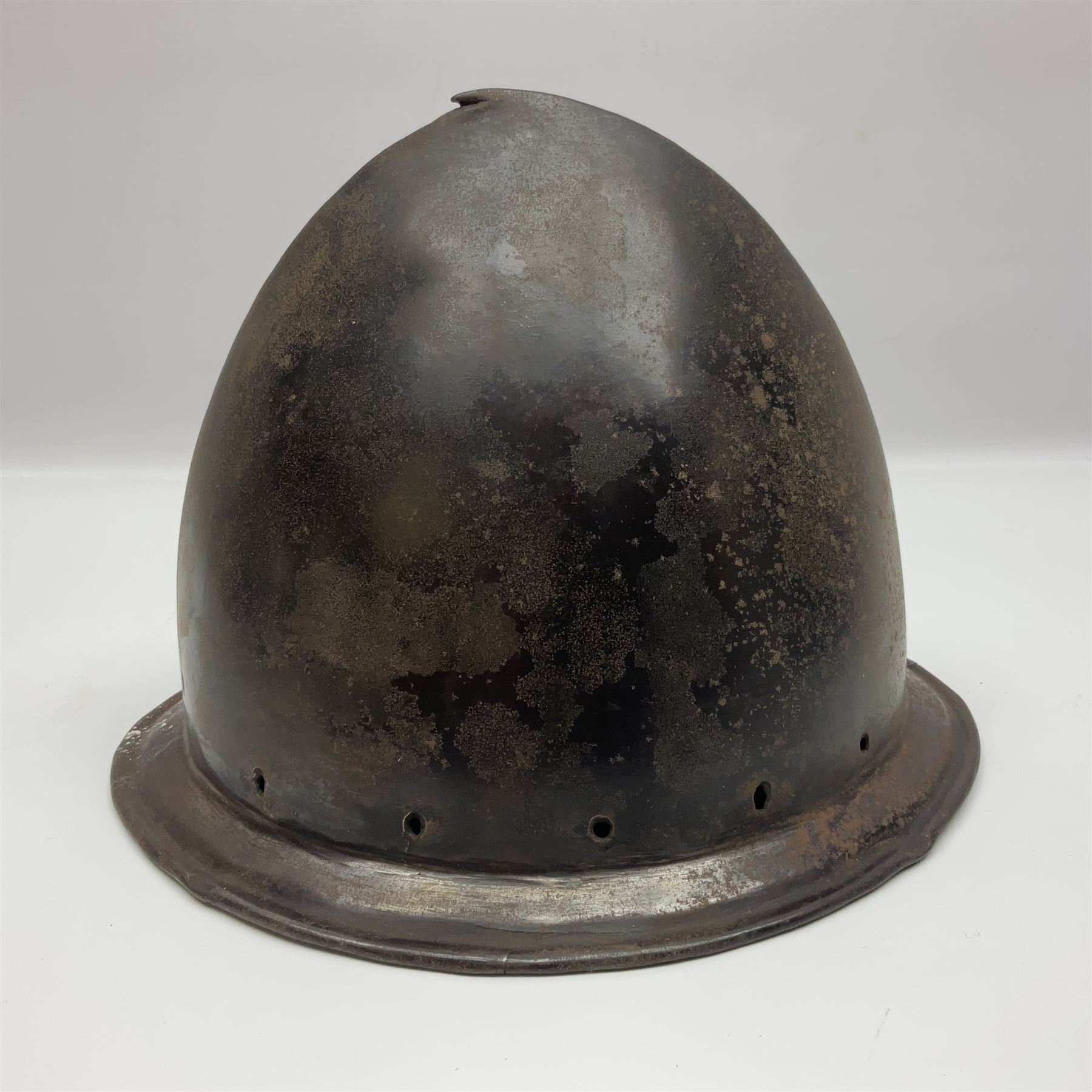 16th century style iron Cabasset pot helmet with notched peak and ...