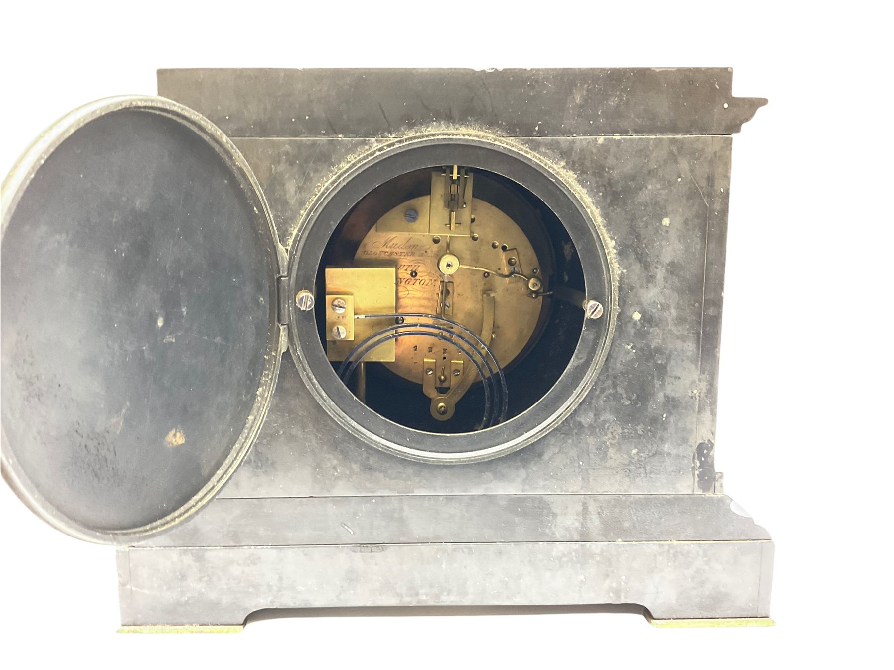 A 19th century Belgium slate mantle clock with a recessed flat top ...