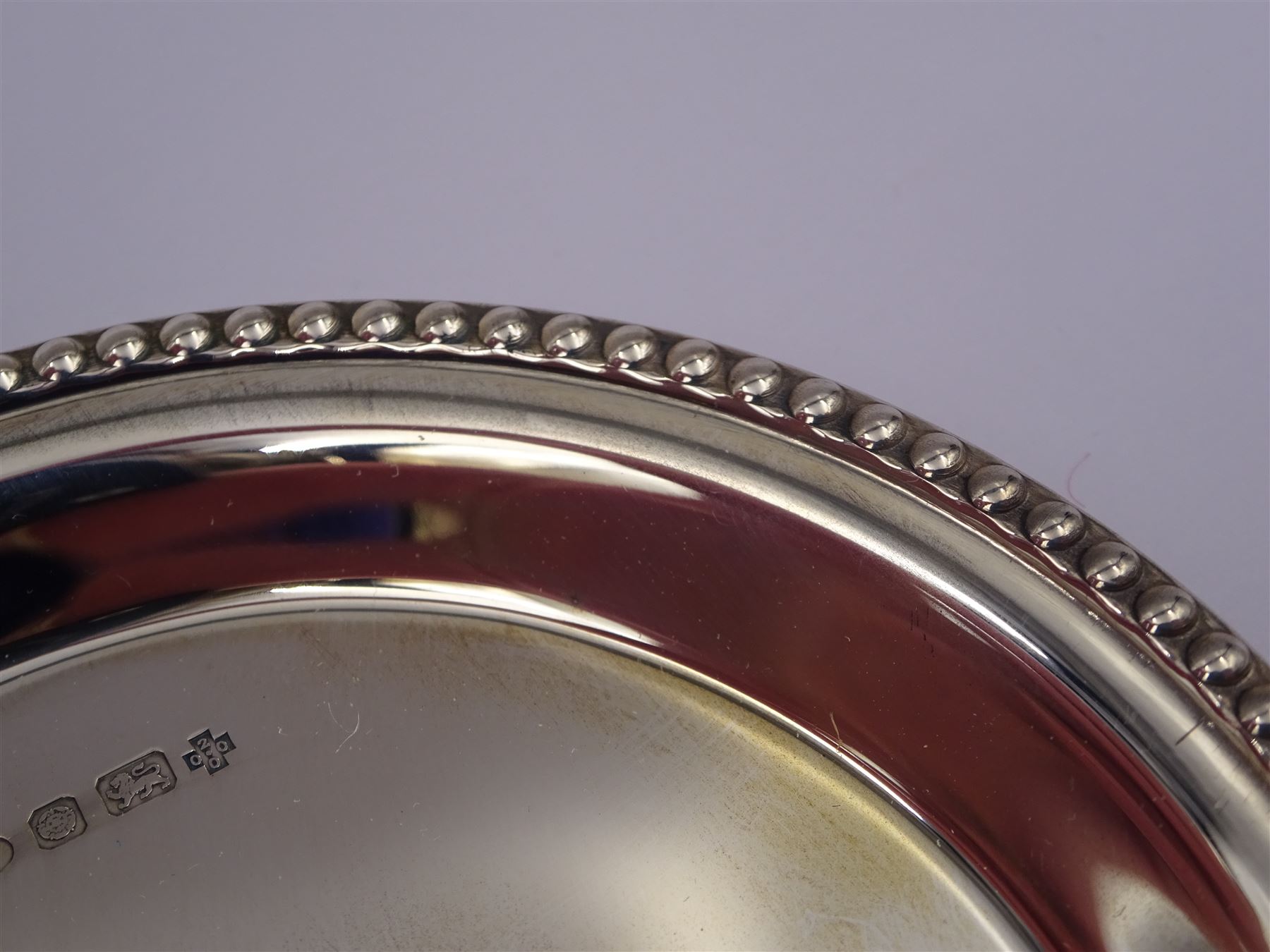 Modern silver pin tray, of circular form, with beaded edge, hallmarked ...