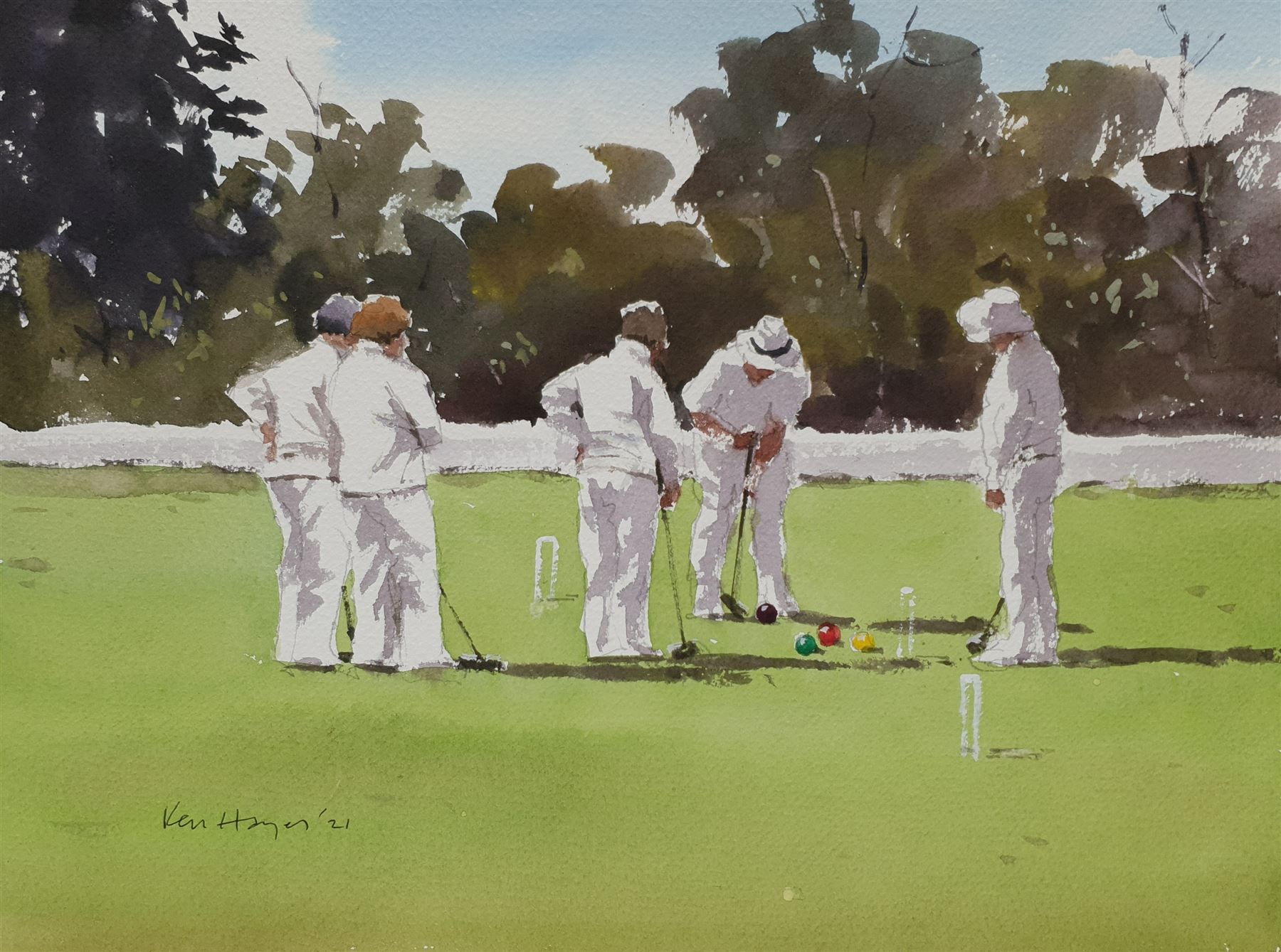 Ken Hayes (British 1962-): 'Village Croquet', watercolour signed and ...