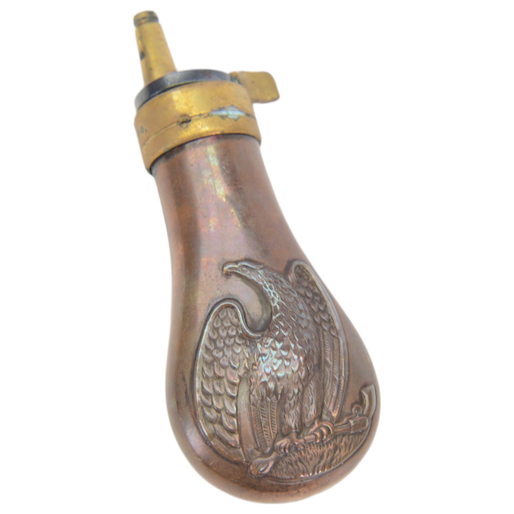Colt pistol copper and brass powder flask embossed with | Militaria ...